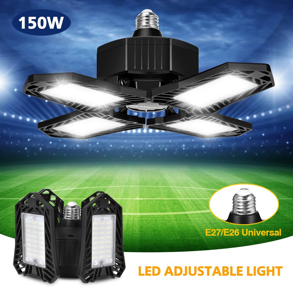 Fyzpaea LED Garage Lights, 150W E26/E27 15000LM Basement Lights, Deformable LED Garage Ceiling Lights with 4 Adjustable Panels for Workshop, Industrial Lamp, Barn, Cellar, Warehouse