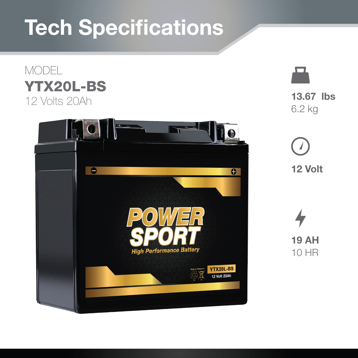 ExpertPower YTX20L-BS 12V20Ah SLA AGM Motorcycle Battery Replaces EBX20L-BS, ETX20L, PTX20L-BS, GTX20L-BS