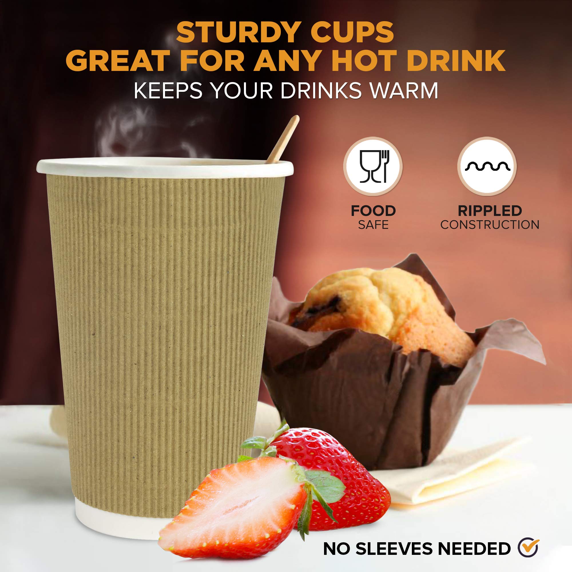 Fit Meal Prep [50 Pack Disposable Hot Cups - 8oz Brown Double Wall Insulated Ripple Sleeves To Go Coffee Cups - Kraft Hot Beverage for Chocolate, Tea, and Cocoa Drinks - Sturdy, and Eco Friendly