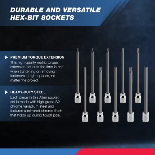 Neiko 10076A 3/8-Inch Drive Extra Long Allen Hex Bit Socket Set, Metric, 3 mm - 10 mm | S2 and Cr-V Steel, 7-Piece Set