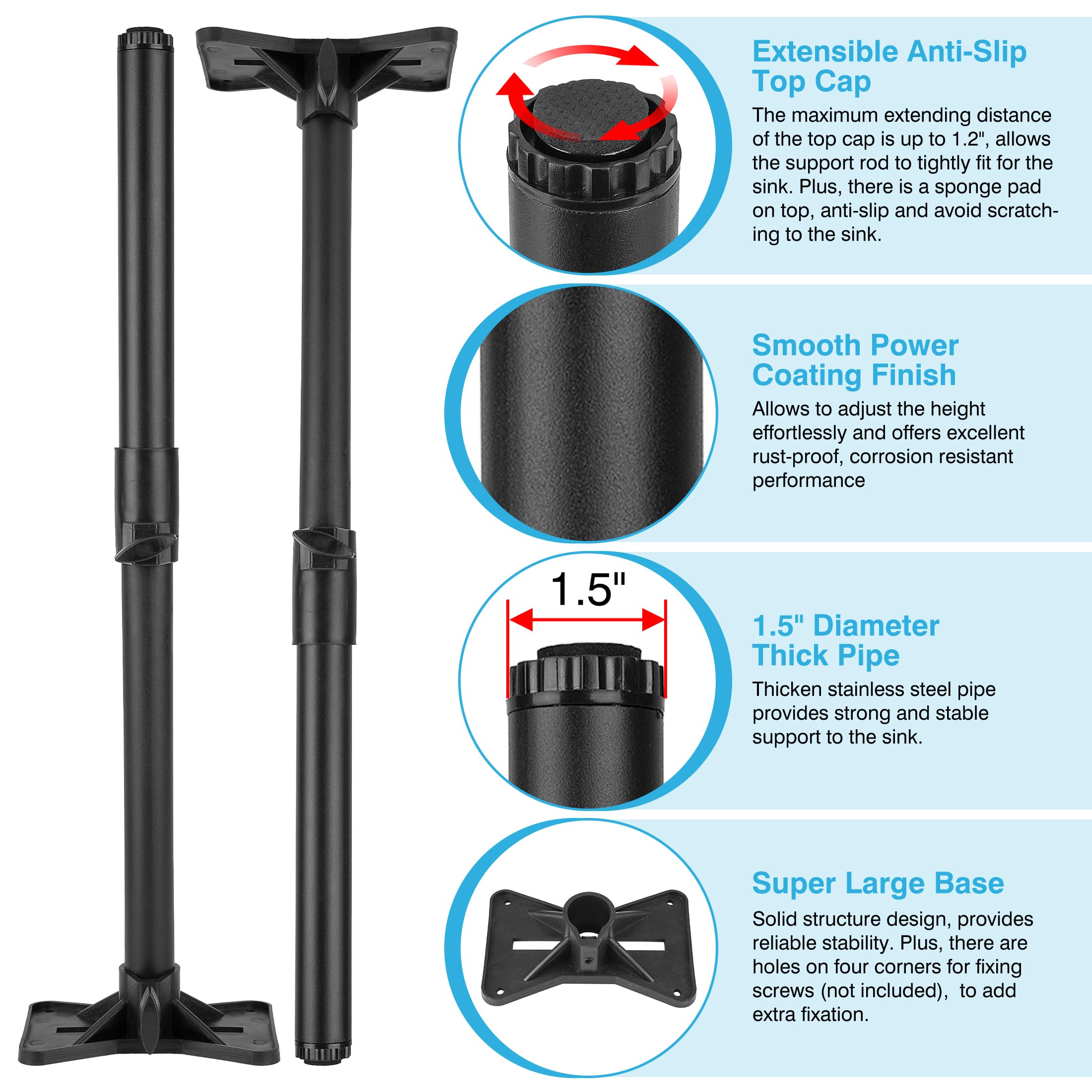 IRONWALLS Undermount Sink Brackets, 2PCS 17.7β-29.5β/45-75cm Height Steel Kitchen Sink Cabinet Support Poles Adjustable, Drilling Free Sink Repair Kit for Kitchen, Bathroom