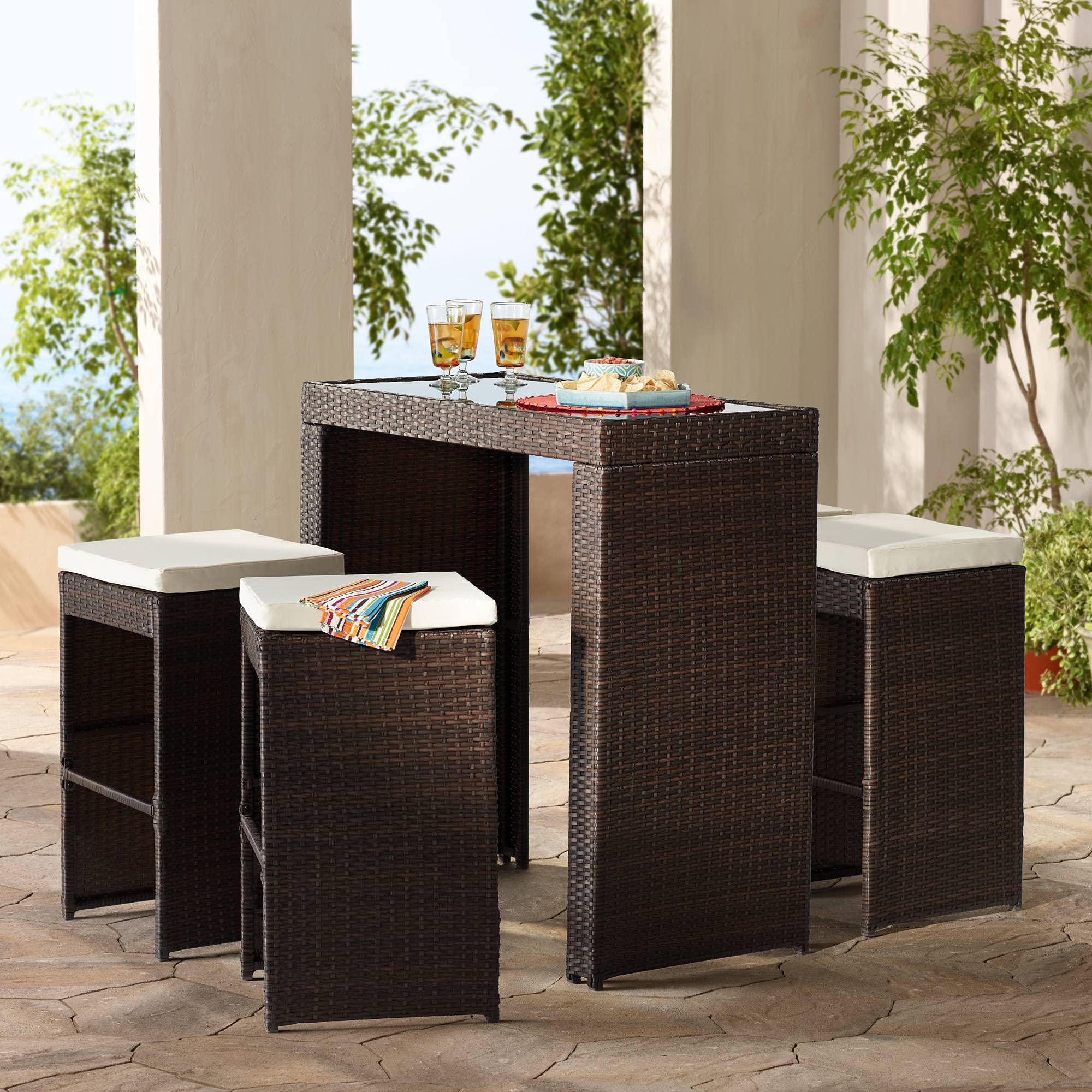 Teal Island Designs Port Henry Natural Cottage Coastal Rattan Rectangular Outdoor Bar Table and Chairs Furniture 39 1/2" x 19 3/4" Dark Brown Glass Tabletop for Front Porch Patio Home House Deck