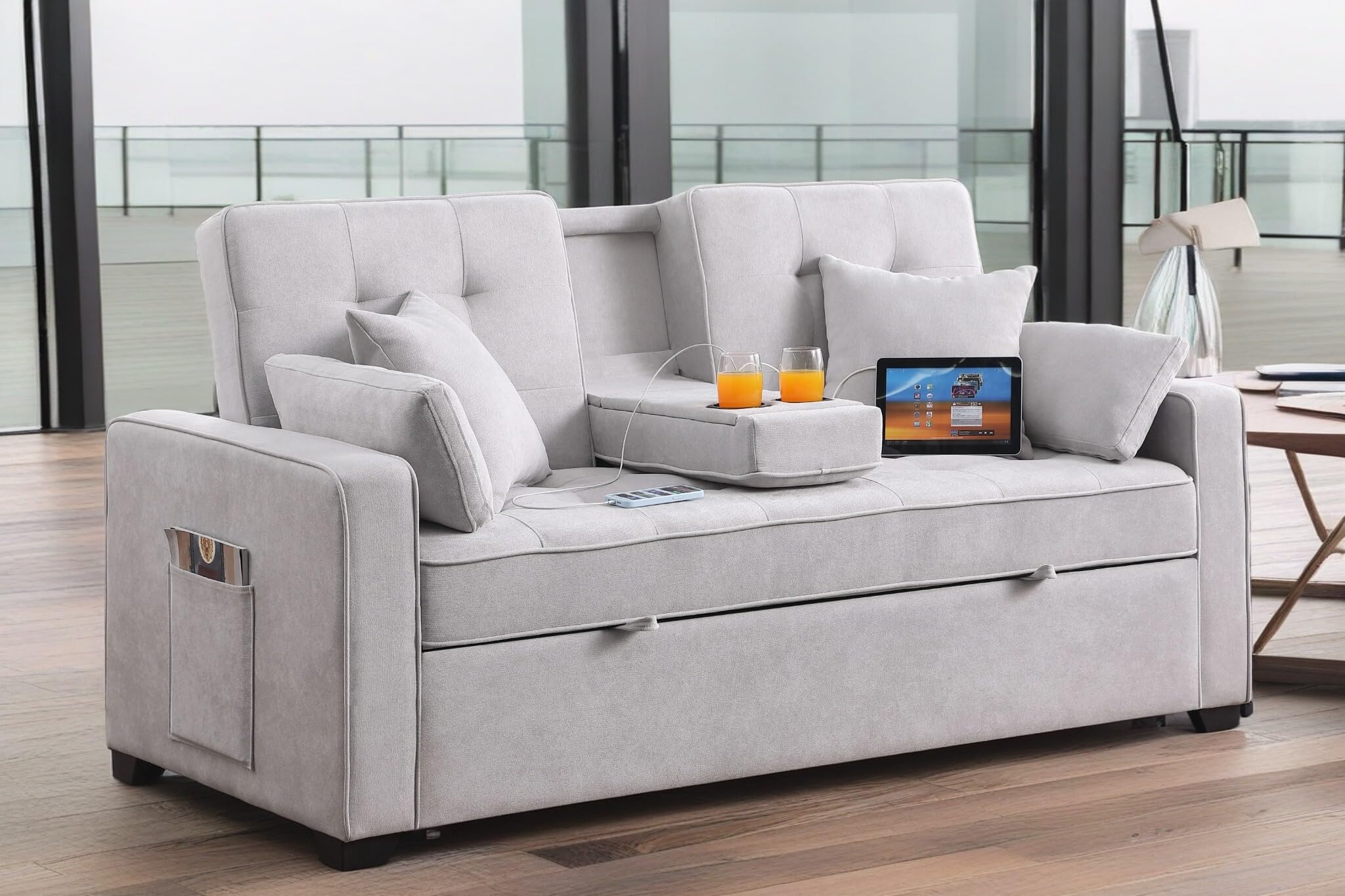 MMTGO 3-Seat Sectional Sofa Set with Storage Ottoman, Cup Holder, USB Port, Magazine Bags, Storaged Armrests, L Shaped Upholstered Couch for Living Room, Compact Space