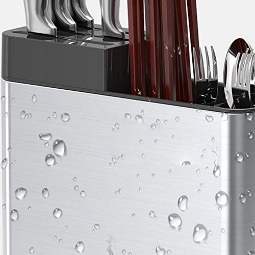 FZZDP Kitchen Utensil Holder Knife Block with Drainboard, Utensil Caddy for Knives, Forks, Spoons, Stainless Steel, Silver