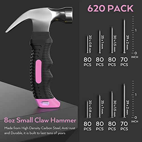 INCLY 620 PCS Small Nails for Hanging Pictures Assortment Kit with 8oz Pink Small Hammer, Mini Hammer Set with Hardware Nails Assorted Set 310 Wall Nails & 310 Finish Nails for Installing with Case