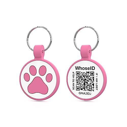 WhoseID QR Code Cat Tag, Modifiable Pet Online Profile Page, Multiple Emergency Contact, Silent Silicone Cat Tag, Lightweight, No Jinging, Collar Accessories, QR Cat ID Tag (Small Breeds - 1", Rose)