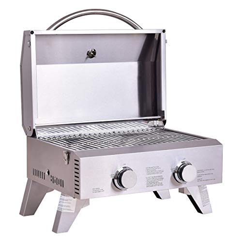 Outdoor Kitchen Camping Backyard Cooking 2 Burner Portable Durable Stainless Steel BBQ Barbecue Picnic Silver Table Top Grill Foldable Leg Lockable Lid Built-In Thermometer Easy Storage Transport