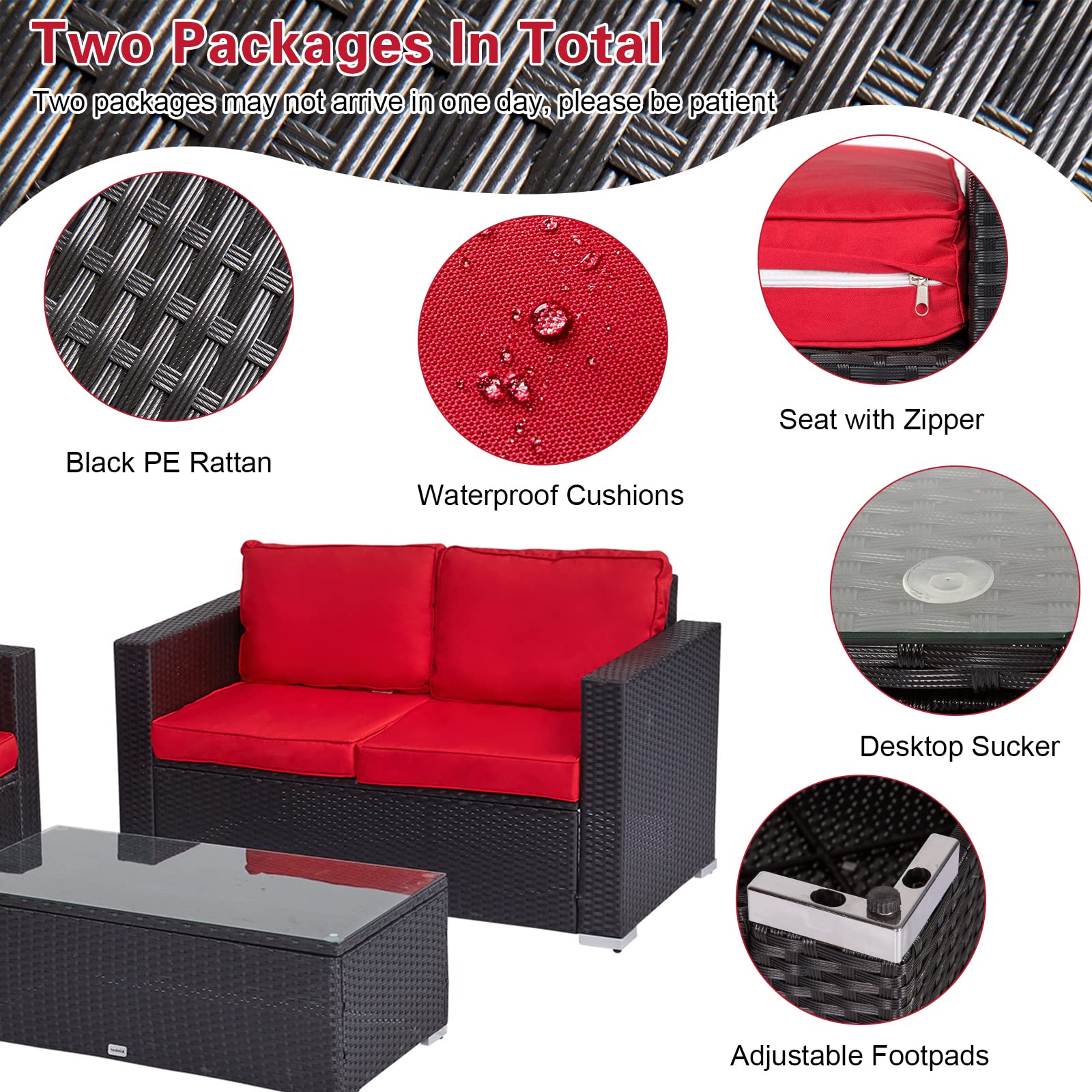 Kinsunny 4 PCs Outdoor Wicker Rattan Sofa Set Patio Furniture Wicker Rattan Sectional Sofa Couch with Glass Coffee Table Washable Removable Cushions for Backyard Pool