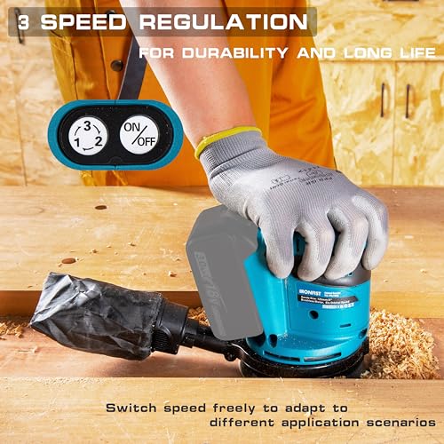 IRONFIST Random Orbit Sander 5inch 21V Lithium Battery 3 Speed Setting with Dust Bag 20pcs sandpapers and 3pcs Polishing Sponges