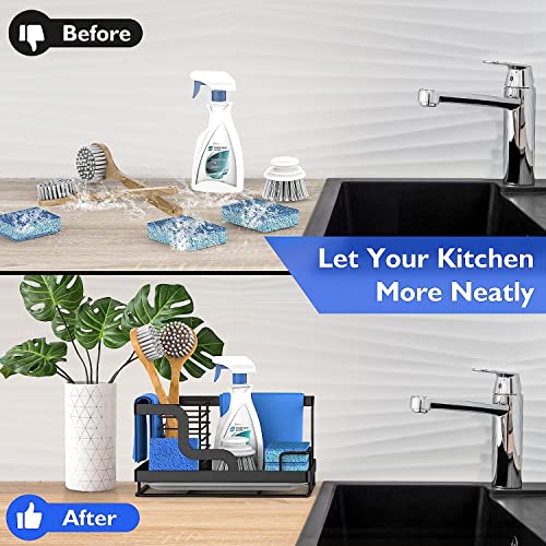 MEYONER Kitchen Sink Organizer, Sink Caddy Sponge Holder for Kitchen Sink, Dish Brush Holder Stainless Steel, Kitchen Soap Caddy with Plastic Removable Drain Pan for Sponge, Brush, Dish Soap