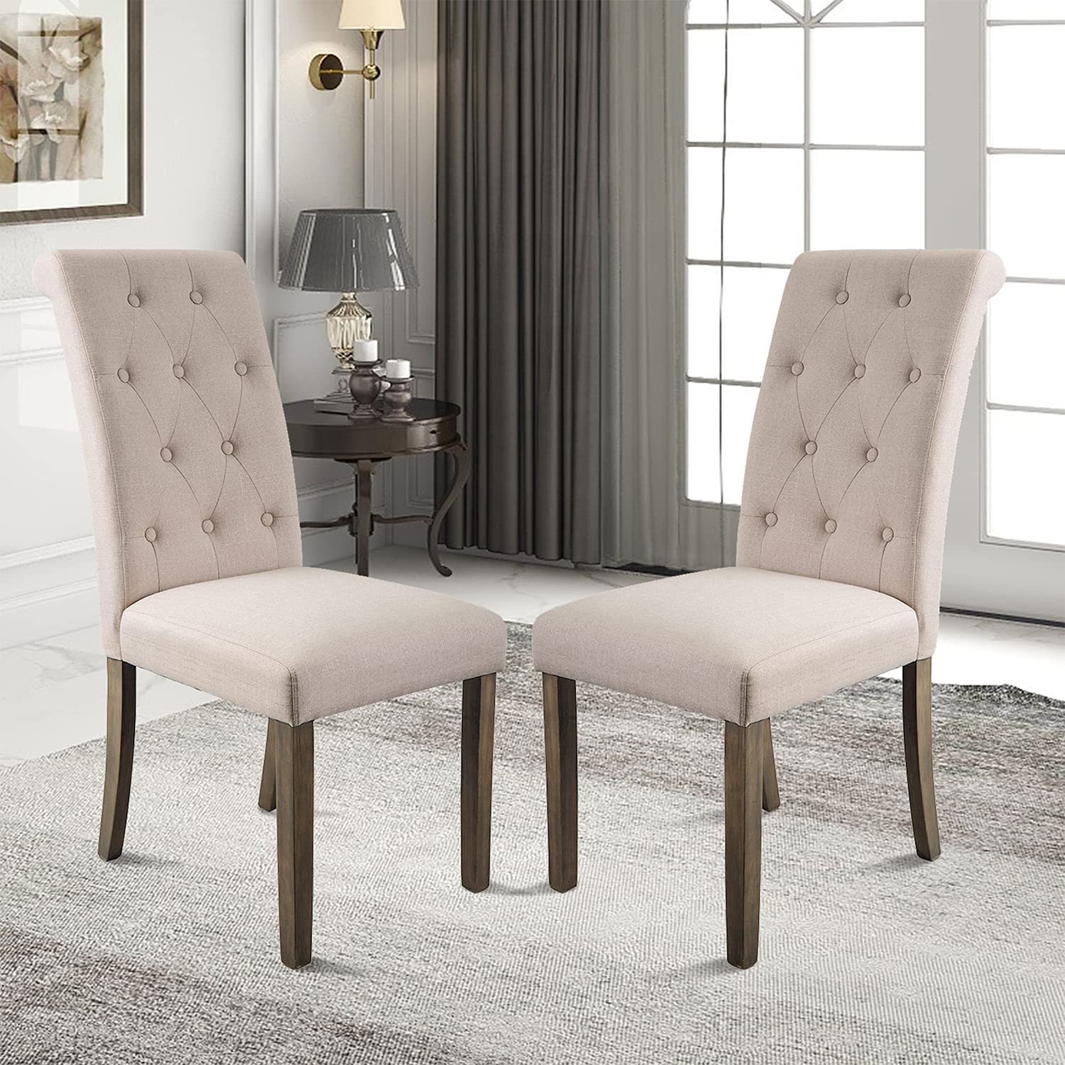 EMKK Dining Set of 2 Noble and Elegant Tufted Parson Aristocratic Stylish Upholstered Kitchen Living Room Padded Armless Side Chair with Solid Wood Legs, Beige