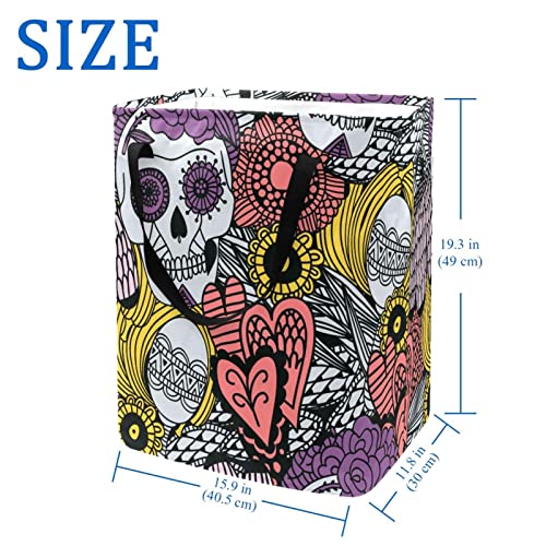 Mexican Skull Flower Print Collapsible Laundry Hamper, 60L Waterproof Laundry Baskets Washing Bin Clothes Toys Storage for Dorm Bathroom Bedroom