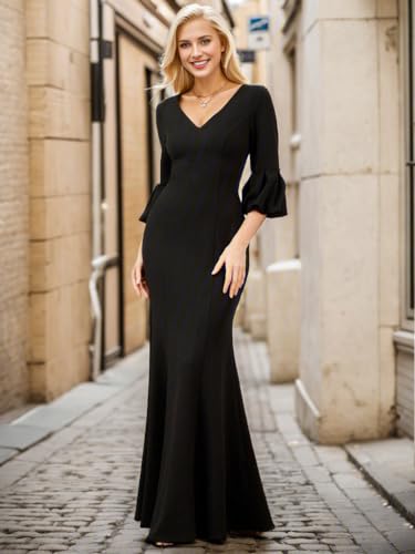 Ever-Pretty Women's Long Lantern Sleeves Mermaid Casual Maxi Formal Dress Black US4