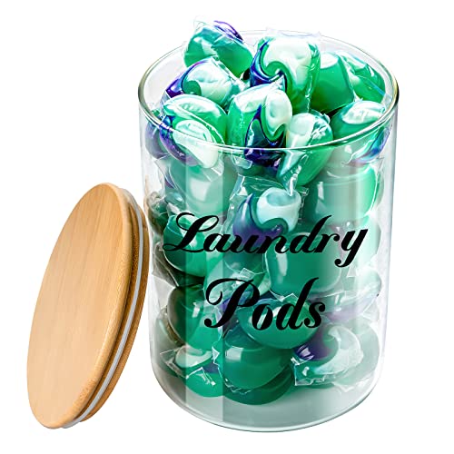 Laundry Pods Holder Container, 3Qt Big Glass Storage Container with Wood Lid, Stackable Large Clear Glass Jar Organizer Canister for Laundry Room Holds 81 Laundry Pods, 4 Label Sticker