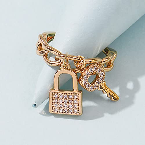 GANGYUN Open Zircon Crystal Lock Key Padlock Cuff Finger Rings for Women Adjustable Punk Infinty Chain Rings Jewelry (Gold)