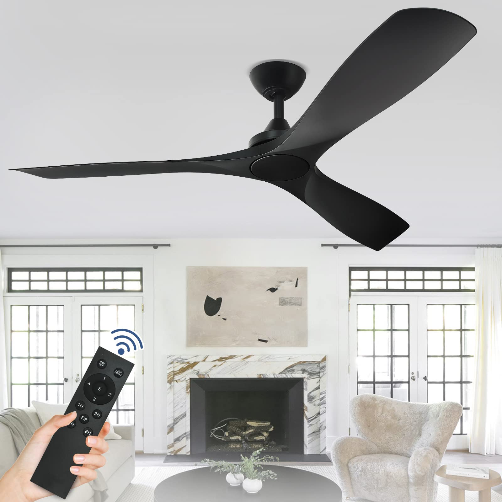 DIGLED 60 Inch Ceiling Fan No Light, Walnut Rustic Ceiling Fan without Light with 3 Blades Noiseless Reversible Motor for Indoor Living Room, Kitchen, Farmhouse, Outdoor Covered Potios, No Light