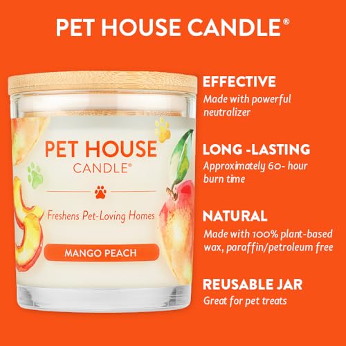 One Fur All Pet House Candle Plant-Based/Soy Candle - Clean Burning Scented Candles, Long Lasting Pet Odor Candle for Home - Mango Peach