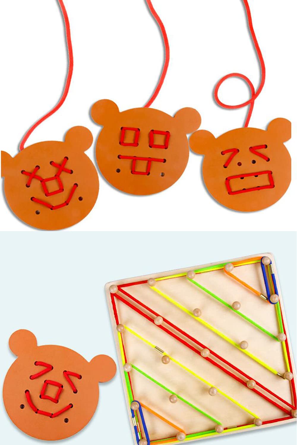 YHZAN Wooden Geoboard Graphing Peg Board Montessori Toddler Sensory Toy Colorful Rubber Bands Pattern Cards Preschool Learning Game