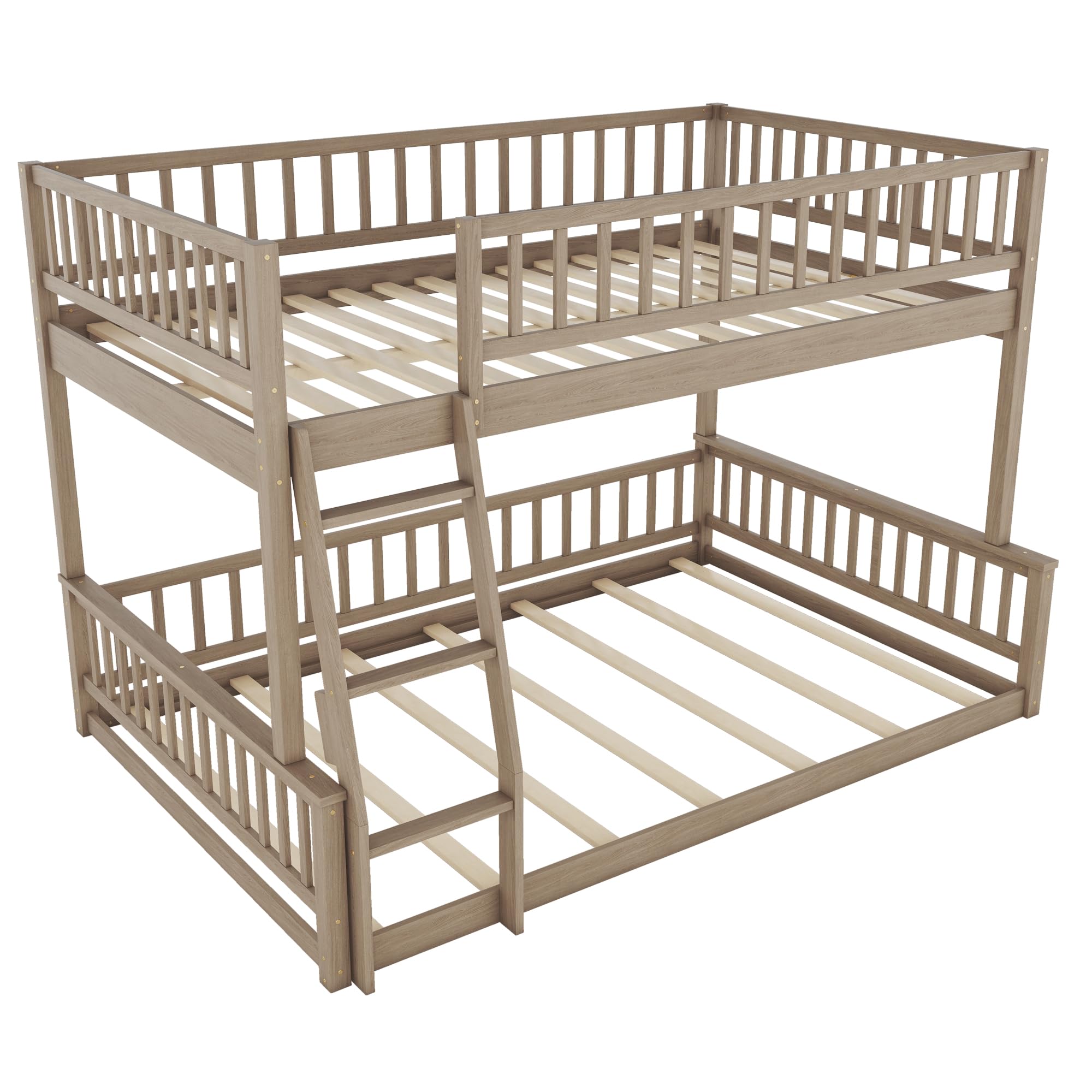 LZ LEISURE ZONE Full XL Over Queen Bunk Bed, Detachable Design Bunk Beds, Modern Wood Bunk Bed Frame with Ladder and Guardrails, No Box Spring Needed, Walnut