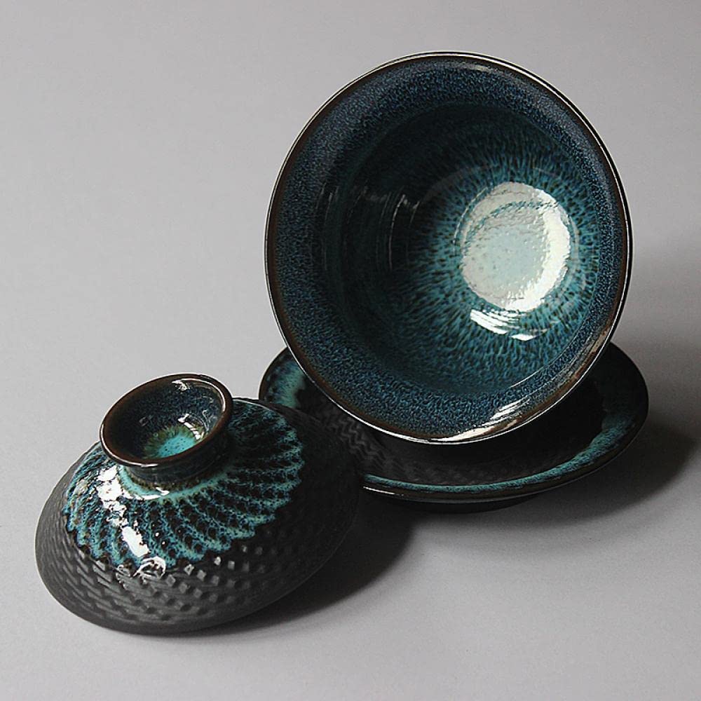 Gaolinci Kiln Glazed Ceramic Jianzhan Teacup Kung Fu Tea Cup and Saucer with Lid. 5 Oz Sancai Gaiwan