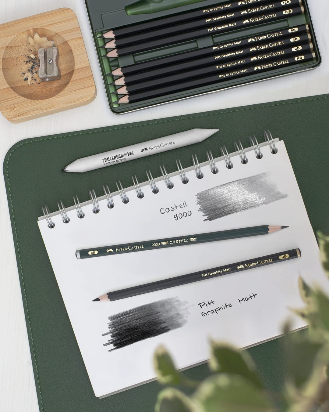 Faber-Castell Pitt Graphite Matte Pencil Set, Metal Tin of 8 Graphite Pencils and Sketching Accessories (HB, 2B, 4B, 6B, 8B, 10B, 12B, 14B), Pencil Sharpener, Eraser and Blending Stump