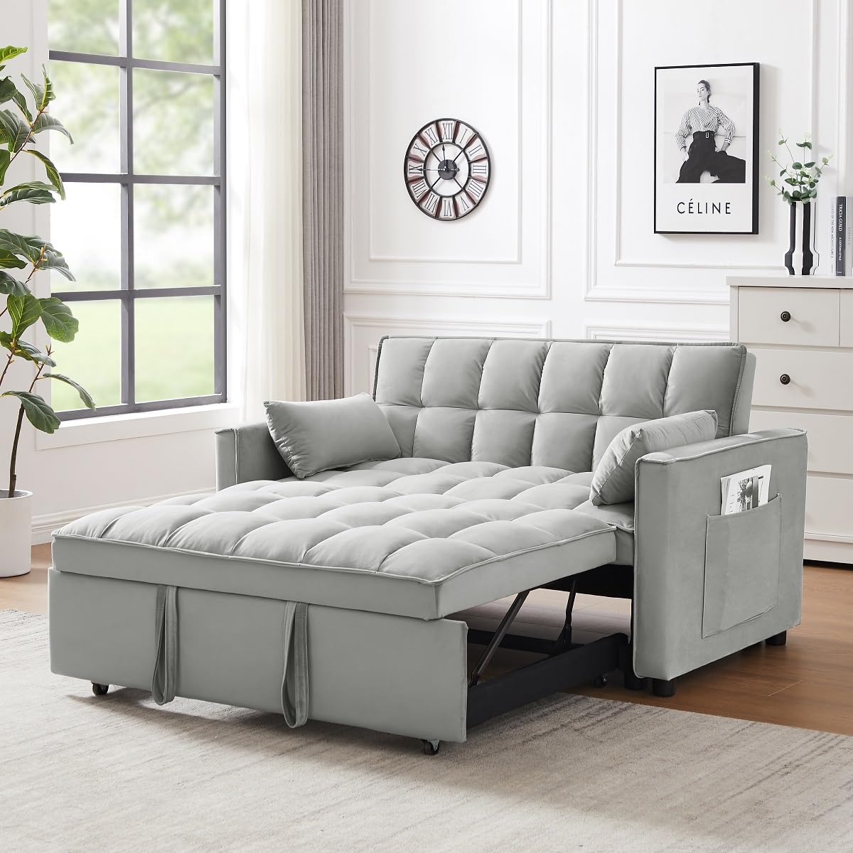 Nonlita Convertible Sofa Bed,3 in 1 Velvet Convertible Sleeper Sofa Bed,Lounge Sleeper Sofa with Pullout Bed,Small Love Seat Lounge Sofa w/Reclining Backrest,Toss Pillows, Pockets,for Living Room,Gray