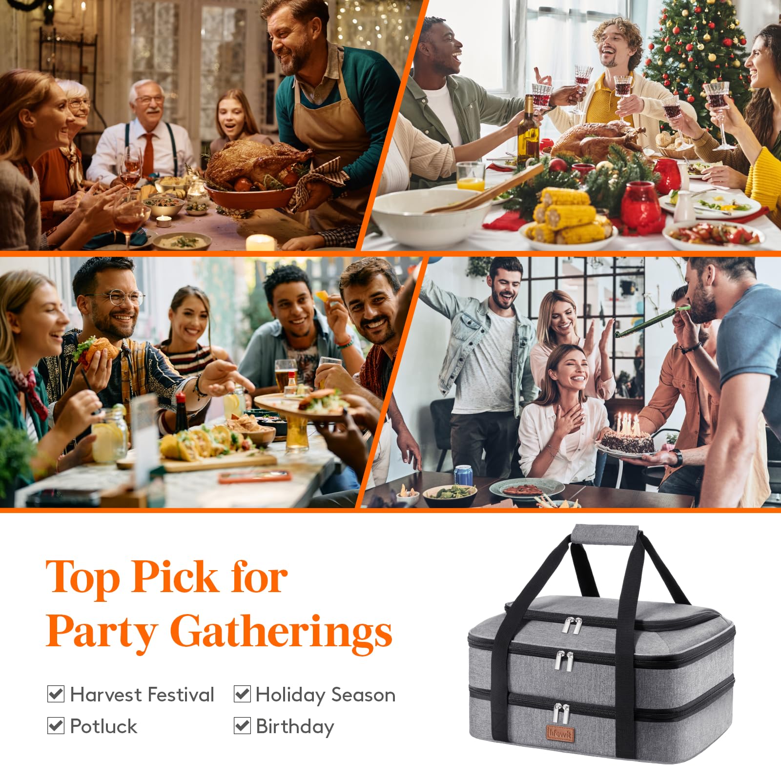 Lifewit Double Decker Casserole Carrier for Hot and Cold Food, Insulated Casserole Dish Carrier Carrying Case with Tool Room, Thermal Bag for Potluck Parties Cookouts Fits 9"×13" Baking Dish, Gray