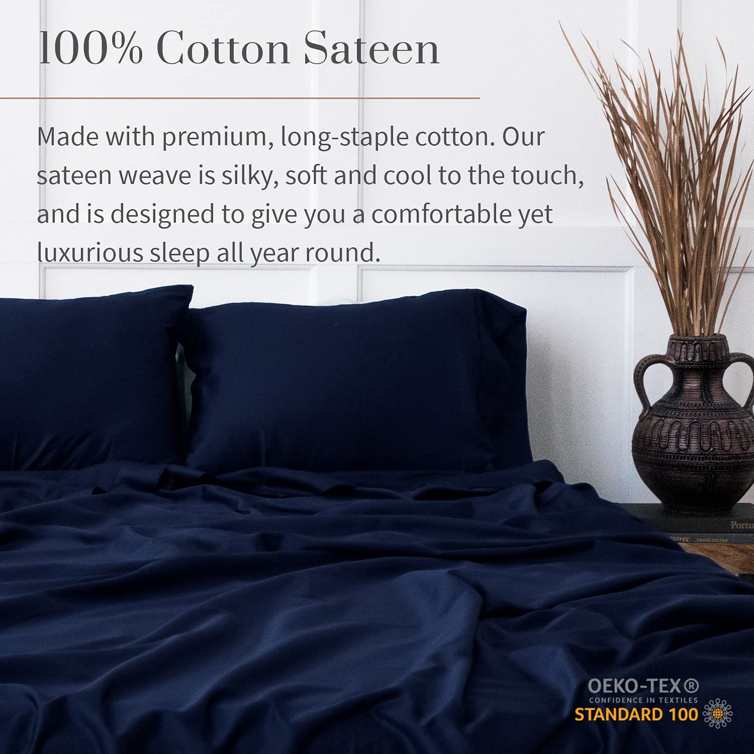 Everspread 300 Thread Count Cotton Bed Sheets (4 Piece Sheet Set) - Queen Size, Navy Blue. 100% Natural Long Staple Cotton Bedding, Ultra-Soft & Silky Sateen Weave. Fits Mattress up to 16 inches