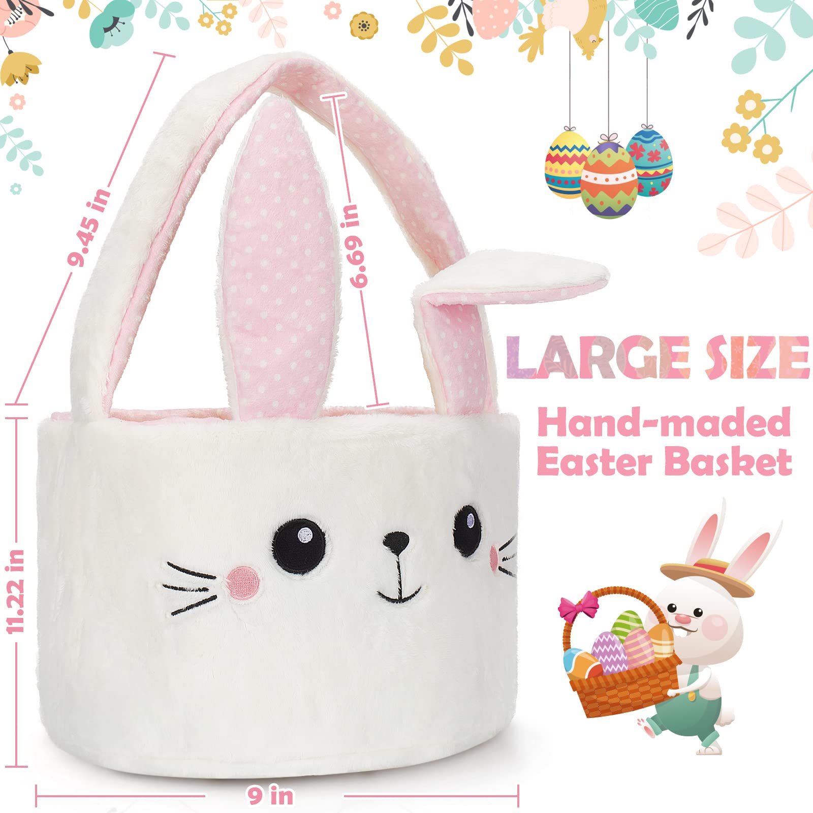 KMUYSL Plush Easter Bunny Basket for Kids, Large Bunny Easter Basket for Boys Girls, Empty Easter Egg Hunting Bucket with Handles, Cute Easter Decoration Bags, Easter Toys Gift for Kids