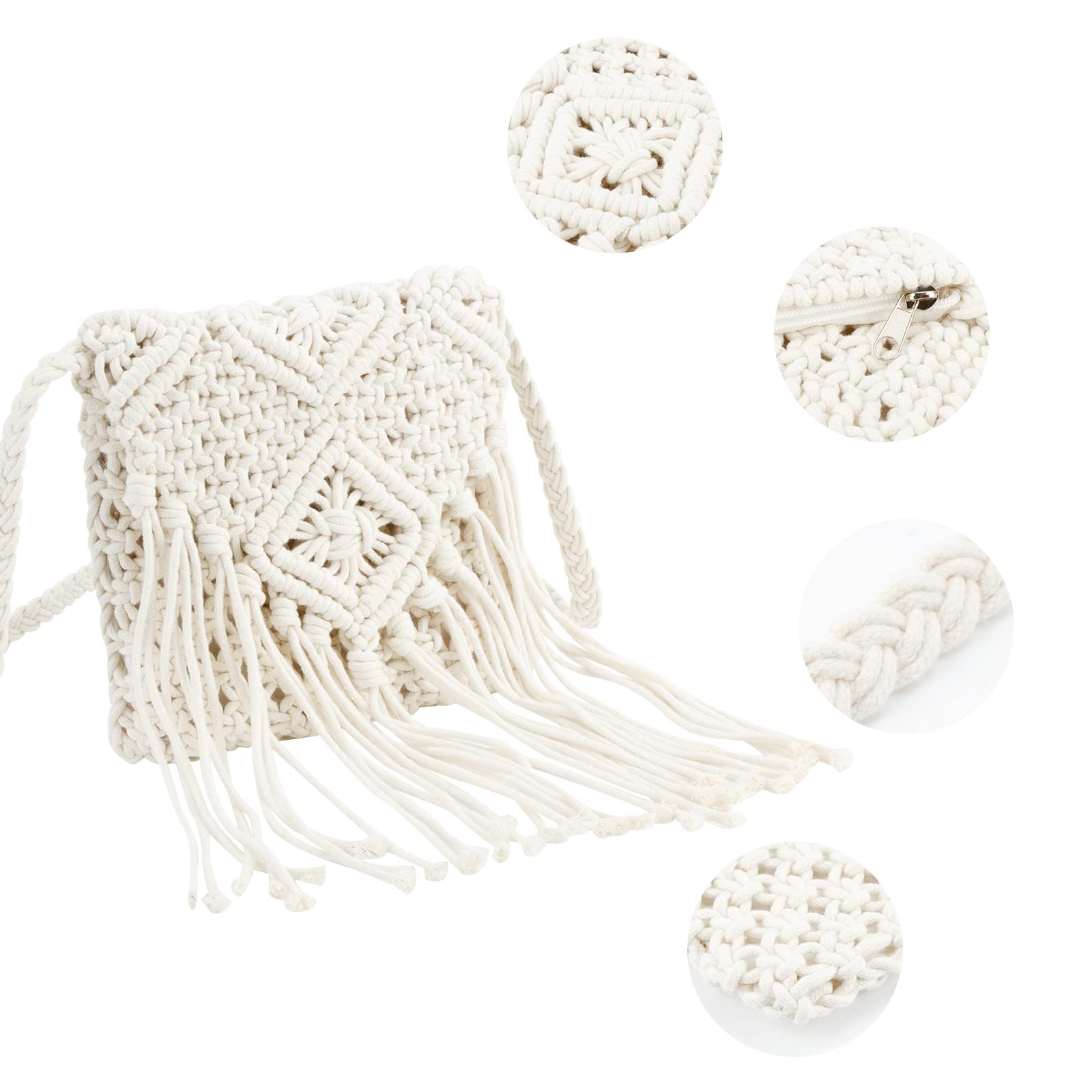 Evevictor Tassel Clutch Purse, Cotton Crochet Shoulder Bag, Bohemian Summer Beach Handbag Handmade Wallet (White)