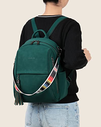 FADEON Leather Laptop Backpack Purse for Women Small Designer Laptop Bag,Multi-Pockets Travel Ladies Shoulder Bag Green
