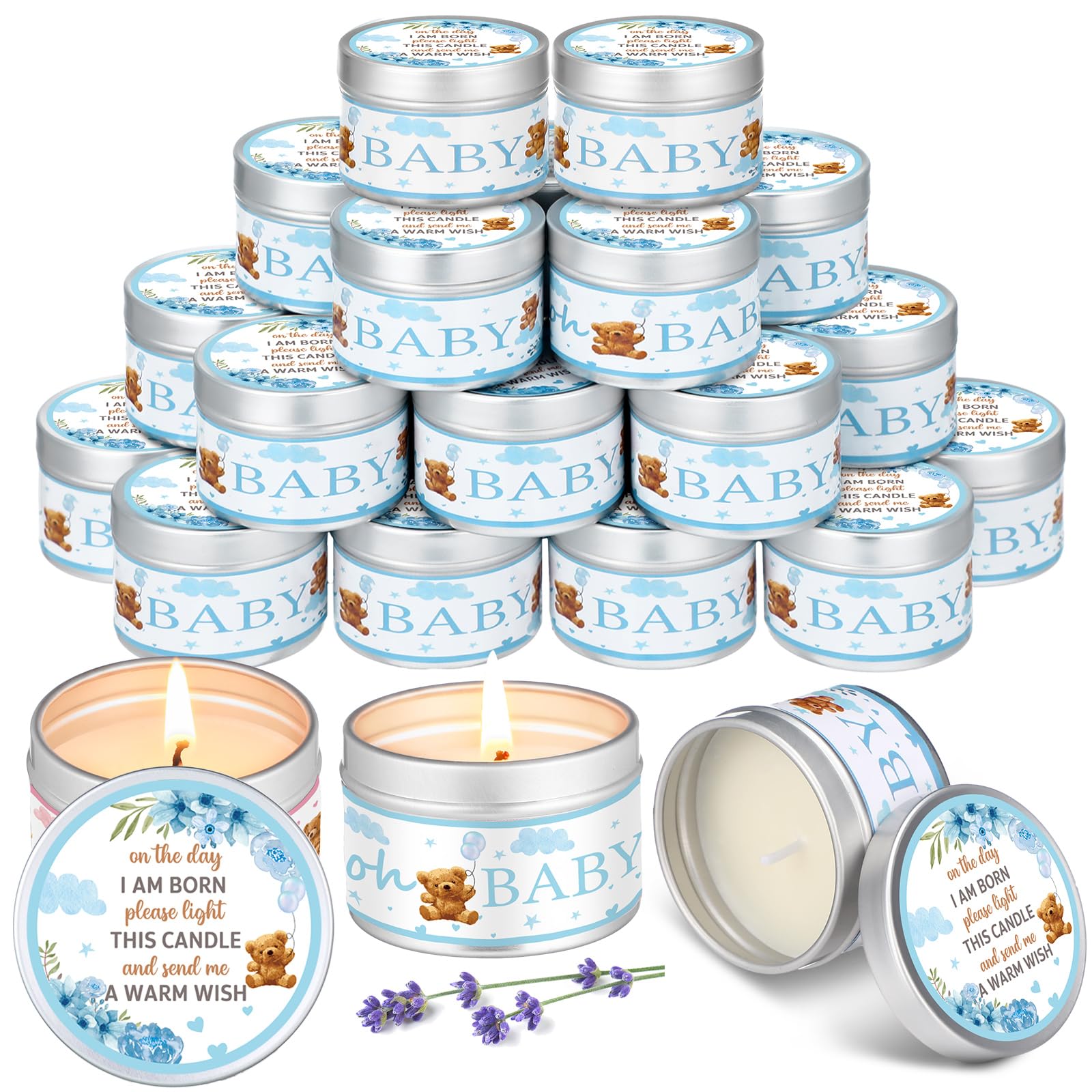 MTLEE 24 Pcs Blue Bear Baby Shower Party Favors Candles Lavender Scented Baby Shower Favors for Guests Rustic Tea Lights Candles Gender Reveal Candle for Baby Shower Return Gifts Girl Boy