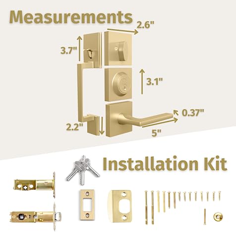 Mega Handles Gold Entry Door Handleset - Single Cylinder Handleset with Lever for Entrance and Front Doors - Modern Door Handles with Design for Left and Right-Handed Doors - Straight Handle