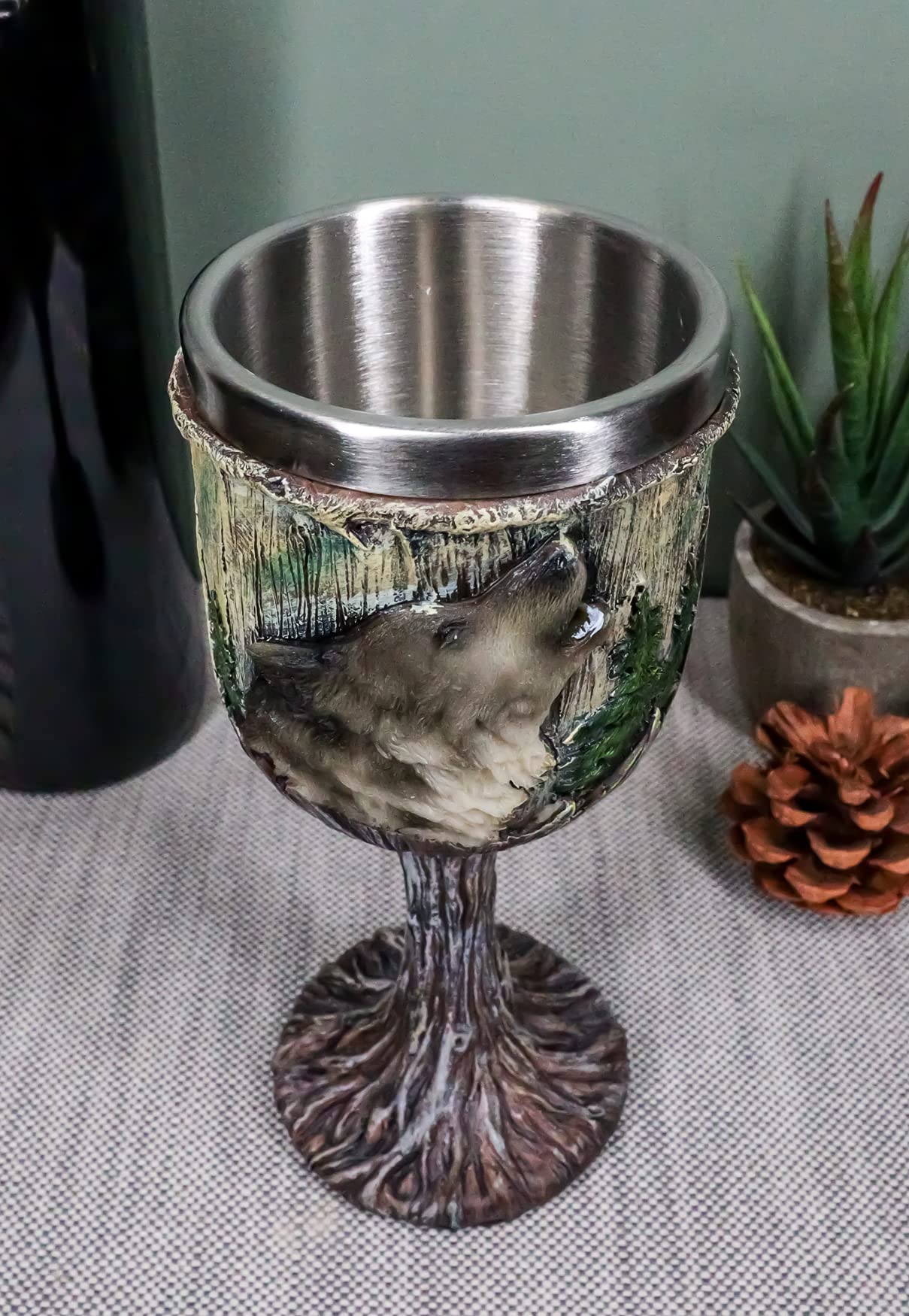 Ebros Gift Mystical Howling Gray Wolf Wine Goblet 7oz Chalice Cup In Rustic Wood Bark Roots Design