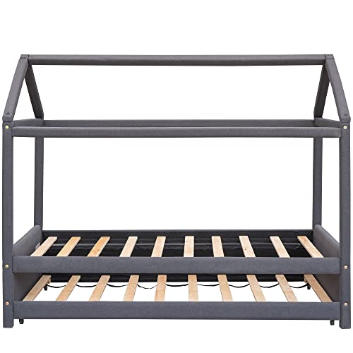 Lostcat Twin Size Upholstered House Platform Bed with Trundle,Twin Bunk Bed with Roof Design for Kids, Teens, Girls, Boys,No Box Spring Required,Grey