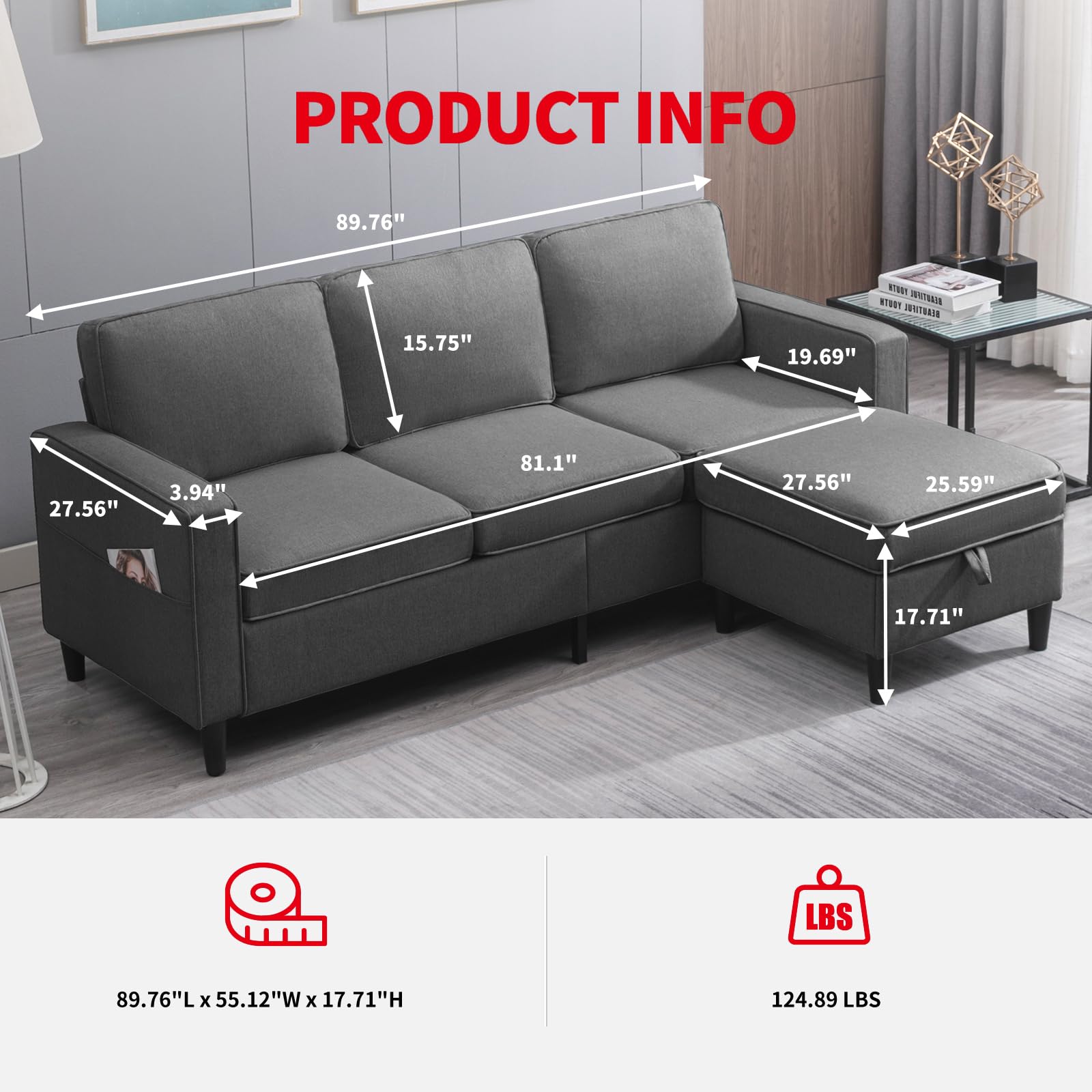 PUREMIND 89 Inches Sectional Sofa, Linen L-Shaped Couches with Reversible Storage Ottoman, Wooden Legs, 3-Seat Modern Convertible Sectional Couches for Living Room (Dark Grey)