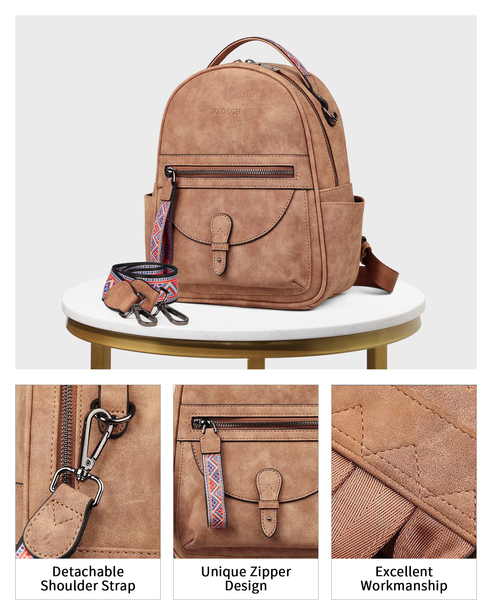 FADEON Mini Backpack Purse for Women, Designer Leather Cute Roomly Small Backpacks, Ladies Shoulder Backpack Fashion Handbag