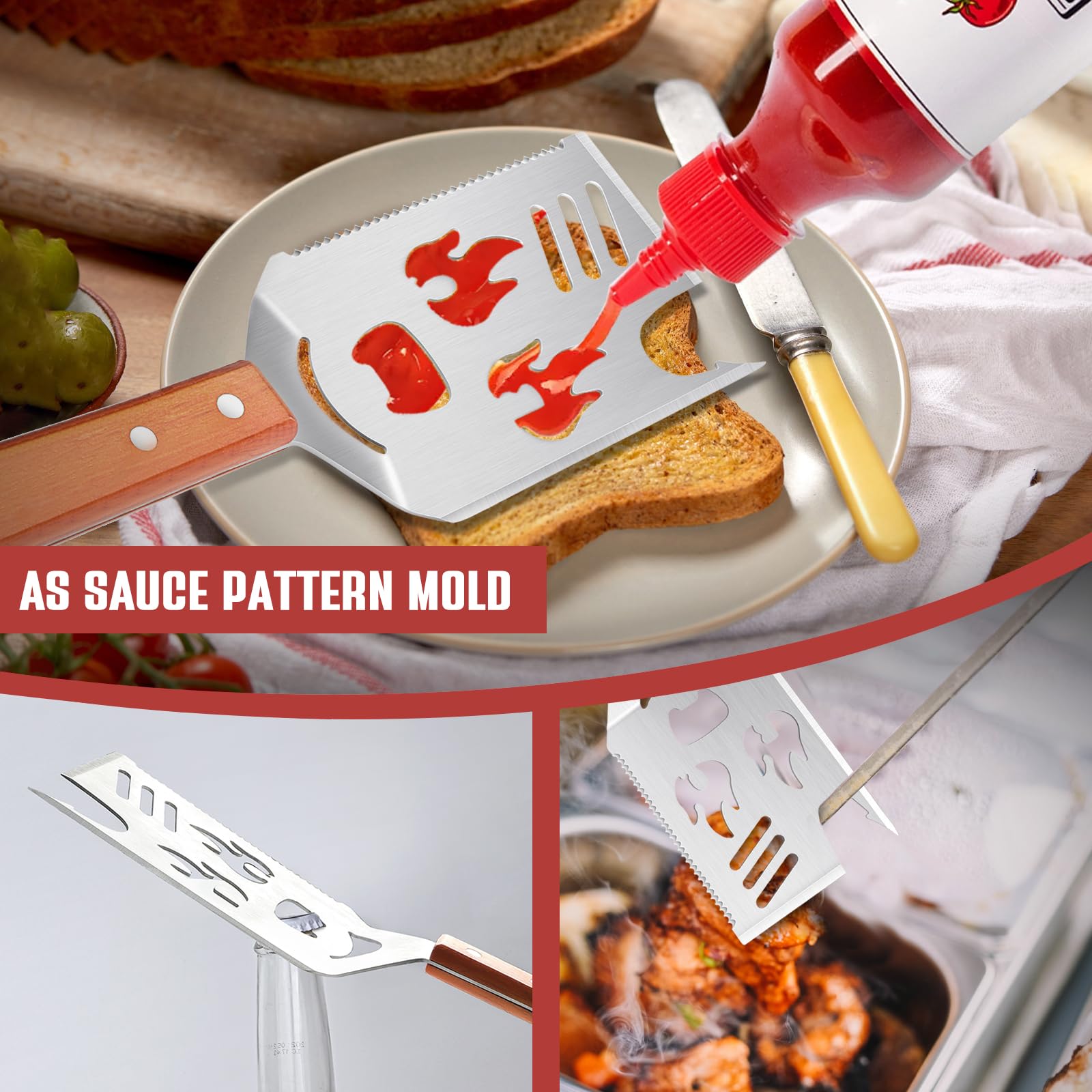 Dragon Creek 6PCS Griddle Accessories Kit Flat Top Grill Accessories Set Professional Stainless Steel Grill Spatula Set with Wooden Handle for Outdoor BBQ Camping