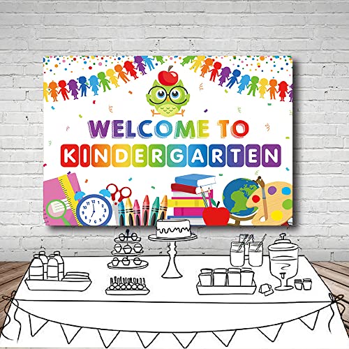 MEHOFOND 7x5ft Welcome to Kindergarten Backdrop Owl Colorful Flags Back to School Kids Classroom Party Decorations First Day in Preschool Kindergarten Photography Background Photo Studio