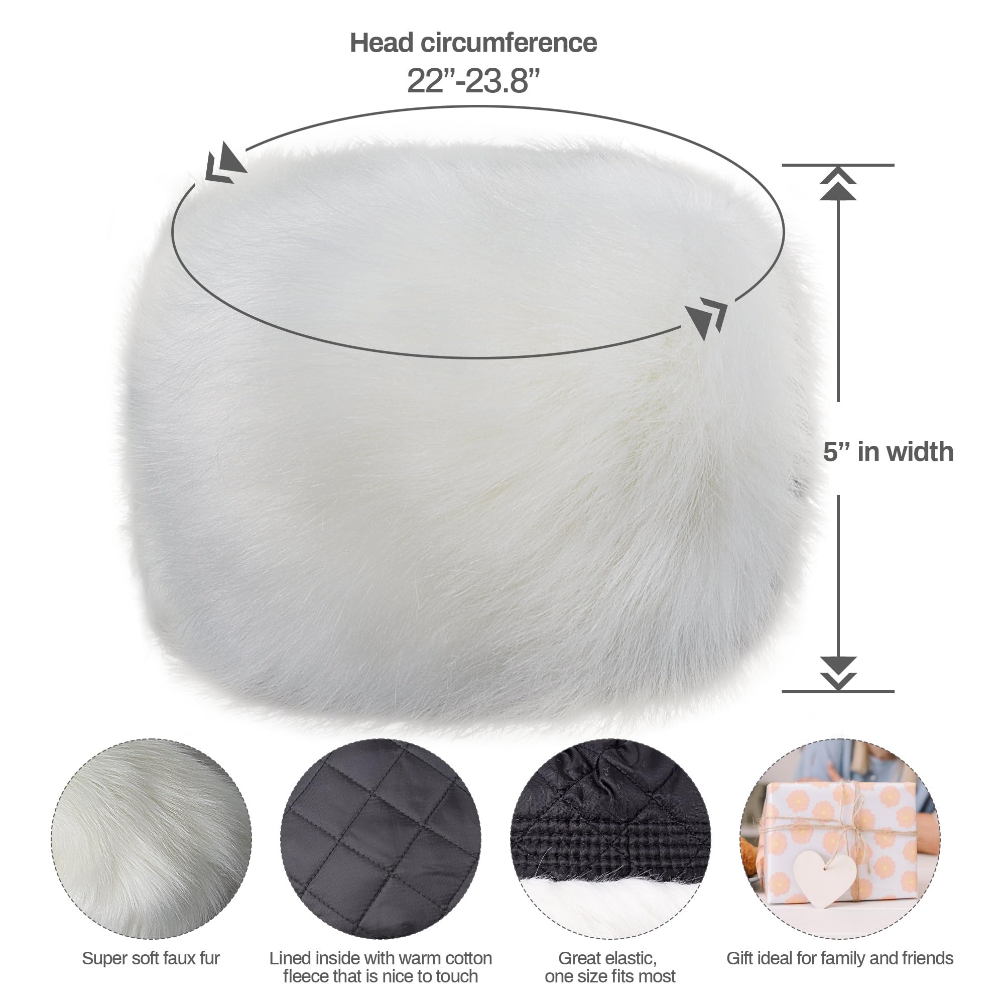 Dikoaina Faux Fur Cossack Russian Style Hat for Ladies Winter Hats for Women, White, Medium