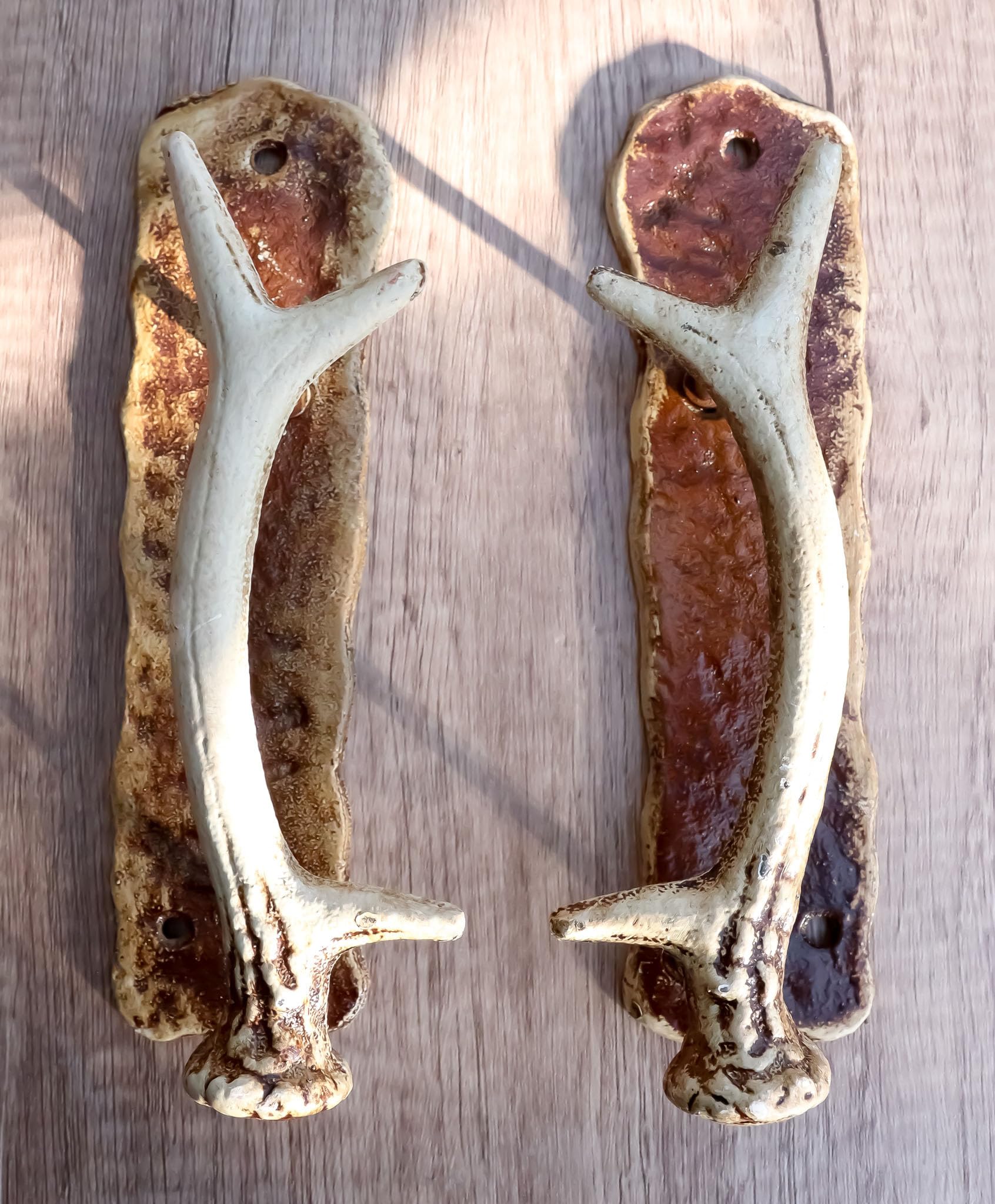 Ebros Set of 2 Western Rustic Deer Antlers Door Pull Handle Hardware Pack of 2 Left and Right Sides Decorative Accent 8" High for Barn Doors Entrance Main Cabin Lodge Country Home Antler Accent