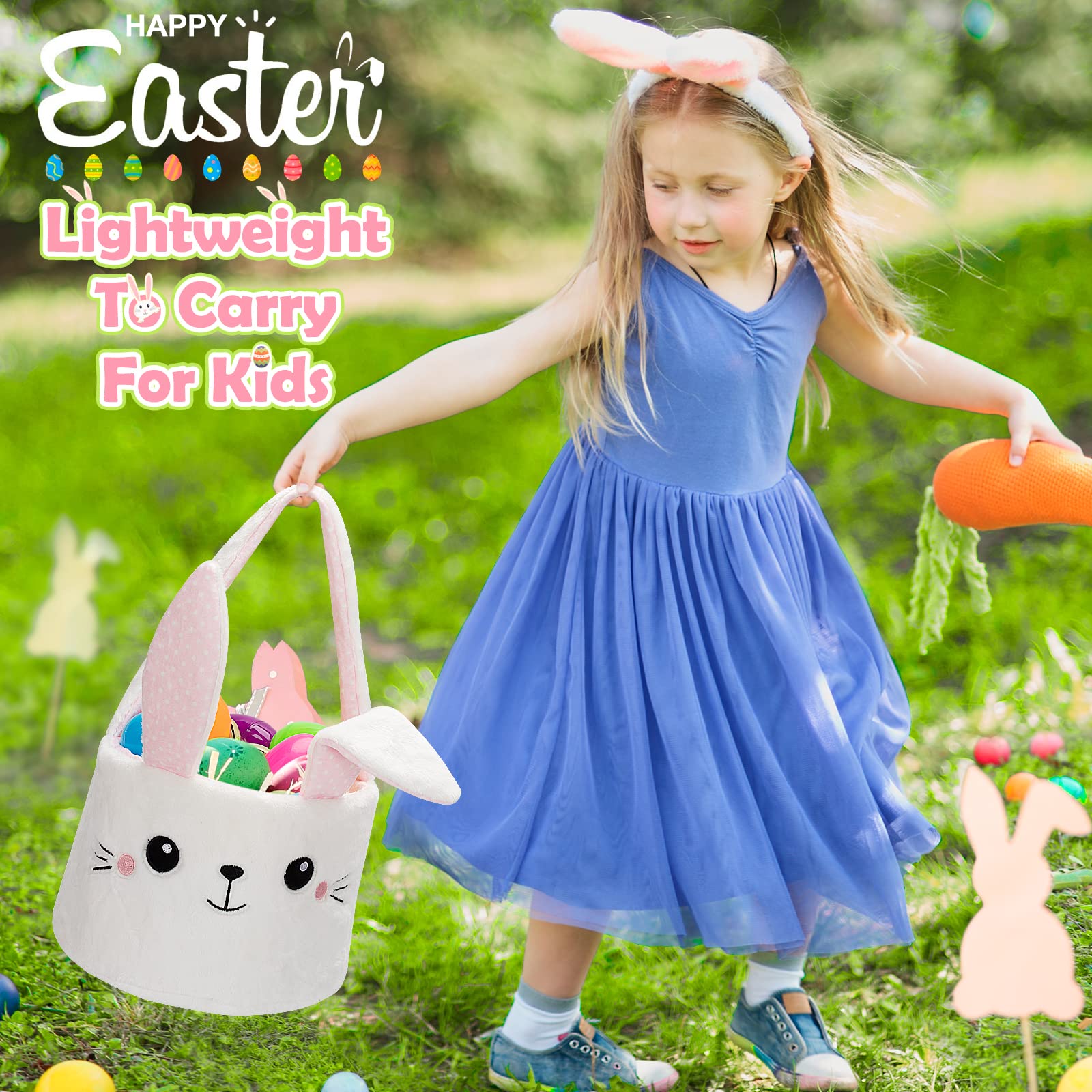 KMUYSL Plush Easter Bunny Basket for Kids, Large Bunny Easter Basket for Boys Girls, Empty Easter Egg Hunting Bucket with Handles, Cute Easter Decoration Bags, Easter Toys Gift for Kids