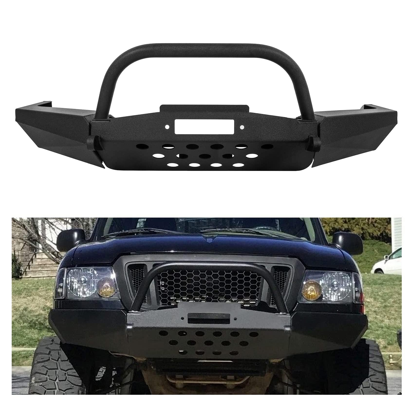 ECOTRIC Front Bumper Compatible with 1998-2011 Ford Ranger W/Winch Plate Bull Bar D-Ring Mounts Bumper Assembly Steel Powder Coated Black
