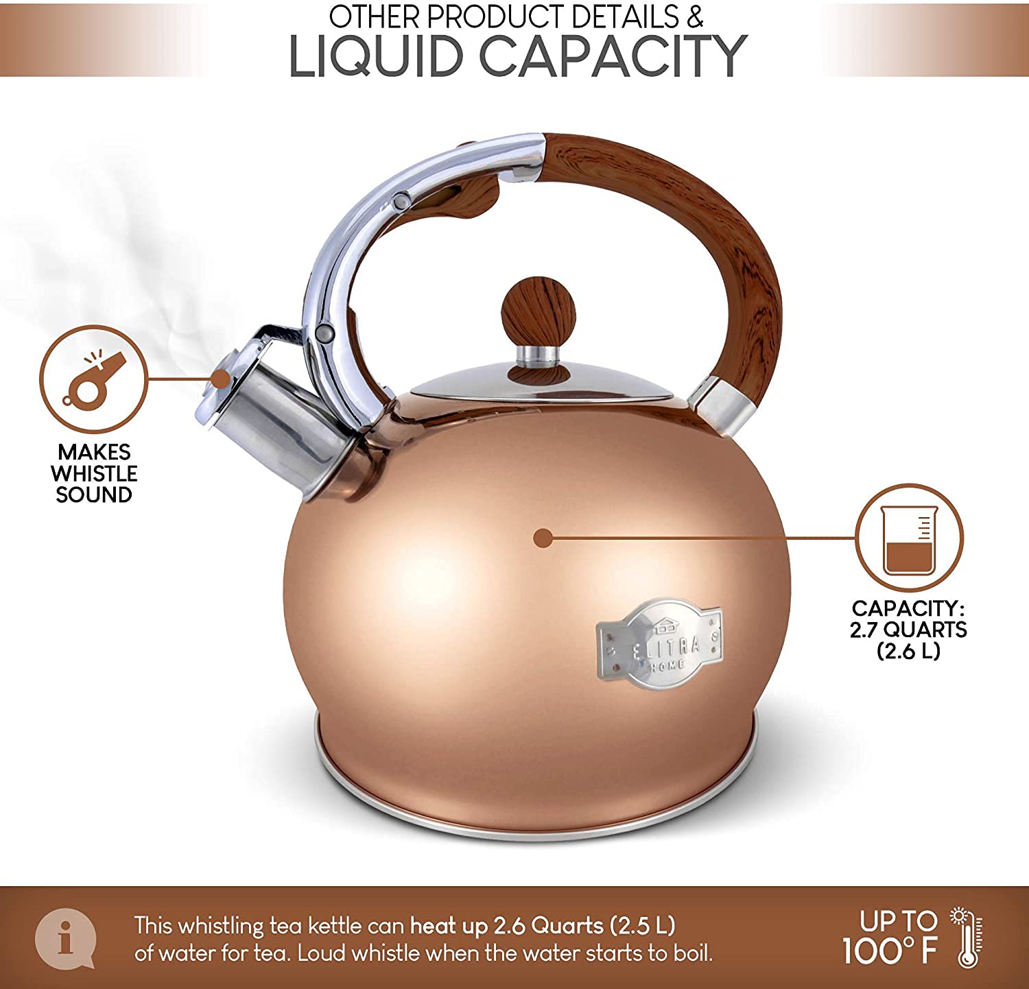 ELITRA HOME Stove Top Whistling Fancy Tea Kettle Stainless Steel Tea Pot with Ergonomic Handle 2.7 Quart / 2.6 Liter BLACK