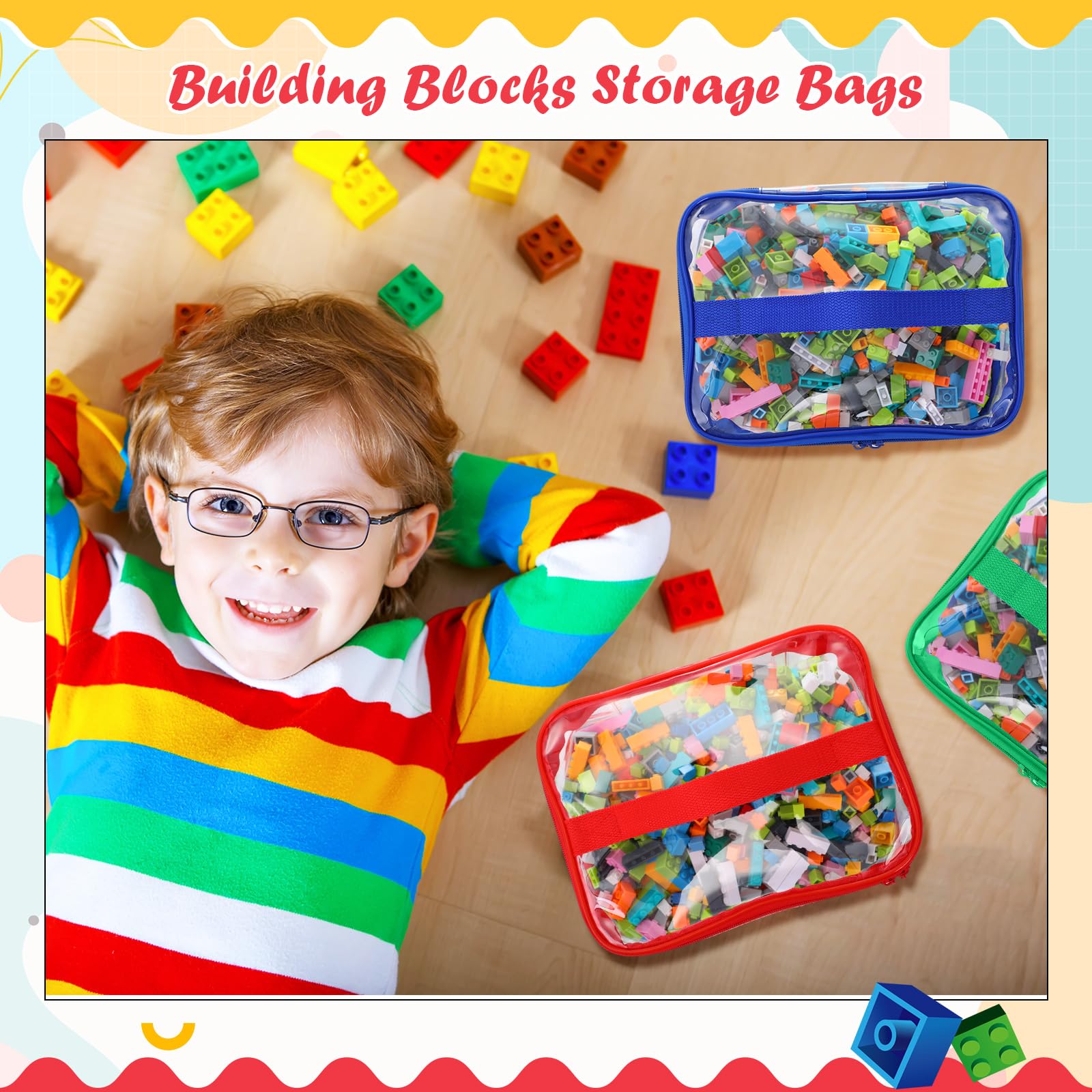 Nitial 3 Packs Small Clear Toy Storage Bags, PVC Toy Storage Bags with Zipper Handle, Waterproof Storage Bag Container for Small Toys, Building Blocks and Board Games(Red, Blue, Green)