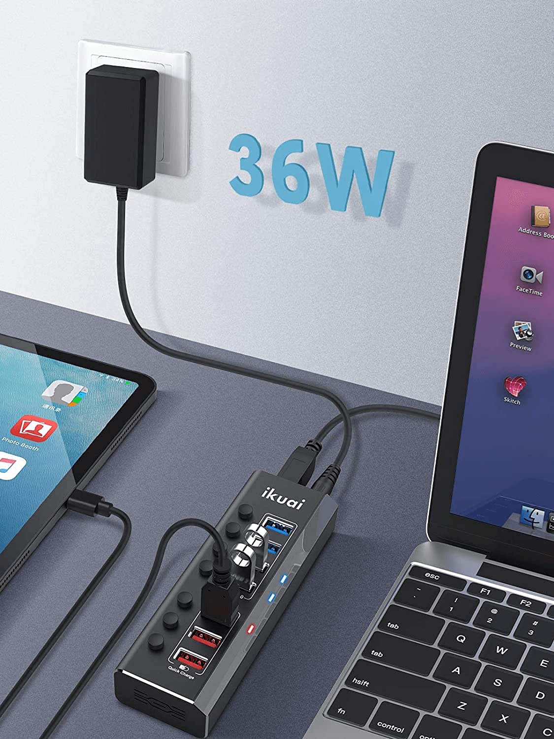 ikuai SATA to USB 3.0 Dual Bay Hard Drive Dock + 7 Ports USB Hub Aluminum with 4 USB Data Ports & 3 Fast Charging Port(12V/3A Power Adapter)