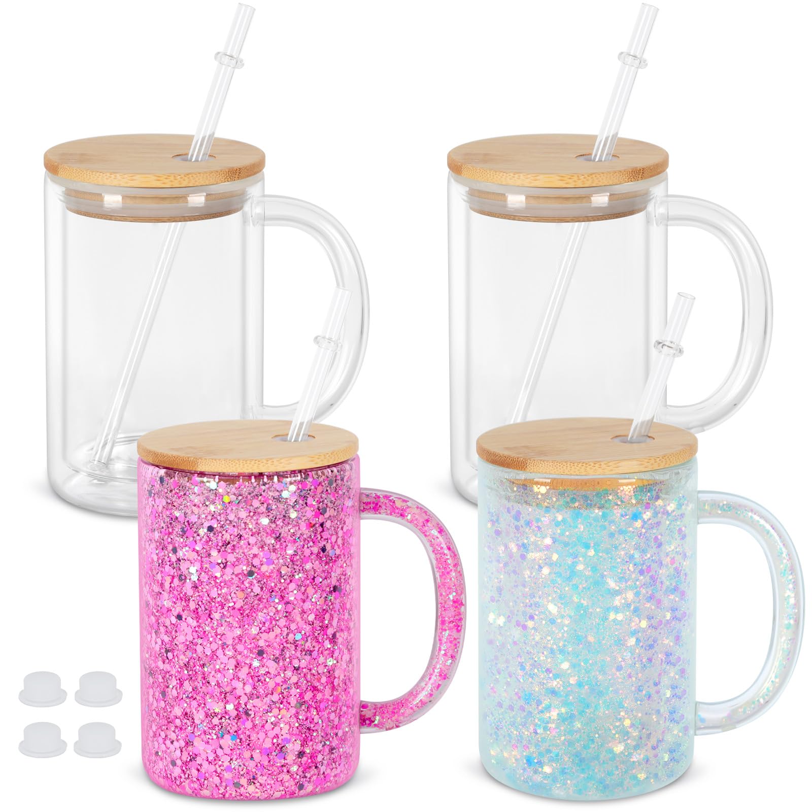 Maucircol 16 Oz Snow Globe Glass Cup With Handle, 4 Pack Pre-Drilled Double Wall Glass Coffee Mug For Snow Globe Diy Glitter, Double Wall Snow Globe Tumbler