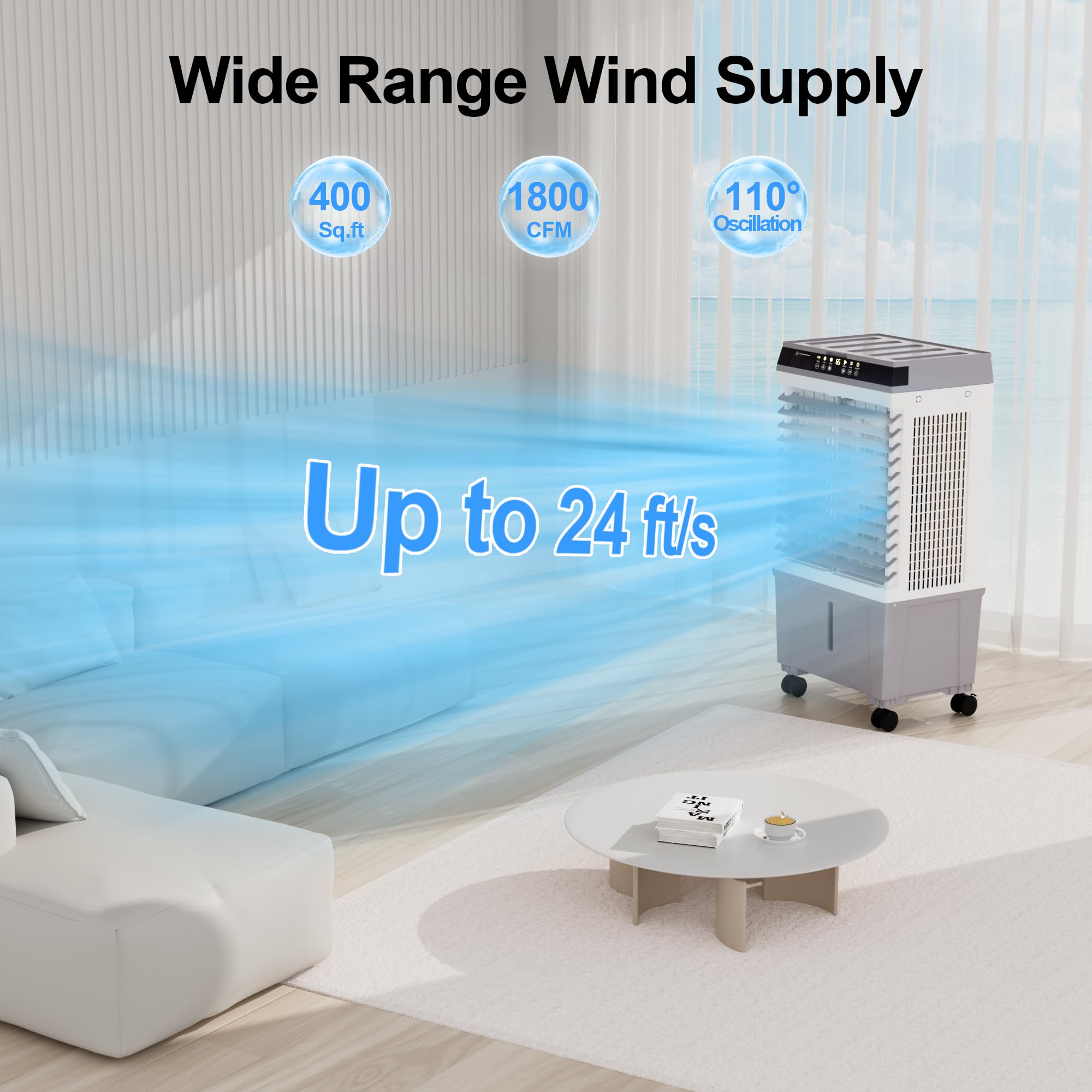 KEGIAN Evaporative Air Cooler, Swamp Cooler with 5.3 Gallon Water Tank, Remote Control, 12H Timer, 3 Modes & Speeds, 110° Oscillation, Portable 3-IN-1 Cooling Fan for Bedroom Home Office (Grey)