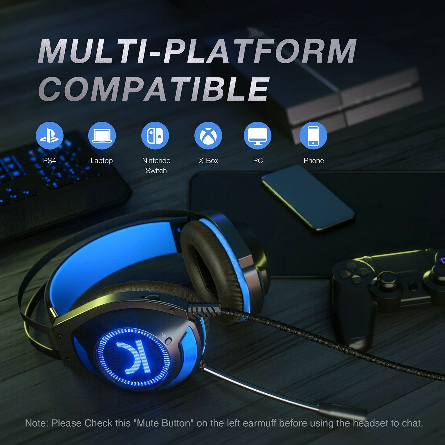E-YEEGER Gaming Headset PS4 Headset with 7.1 Surround Sound Stereo Xbox One Headset, Gaming Headphones with Noise Canceling Mic & Memory Foam Ear Pads for PC/PS4/PS5/Xbox one/Nintendo Switch Blue