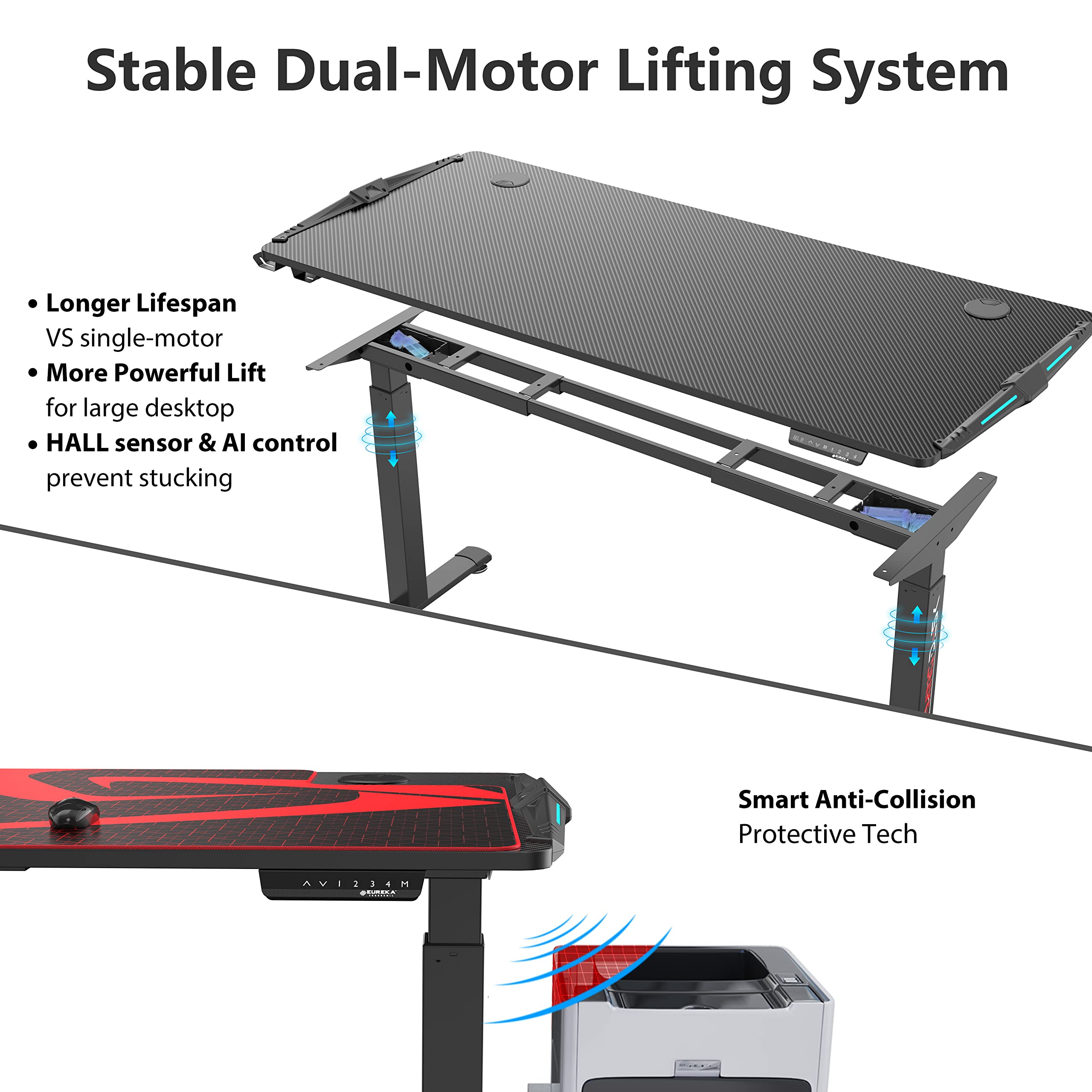 DESIGNA 65 inch Electric Height Adjustable Standing Desk, Sit Stand Large Gaming Computer Desk with RGB LED Lights, Full Coverage Gaming Desk Mat for Gaming & Home Office, Black